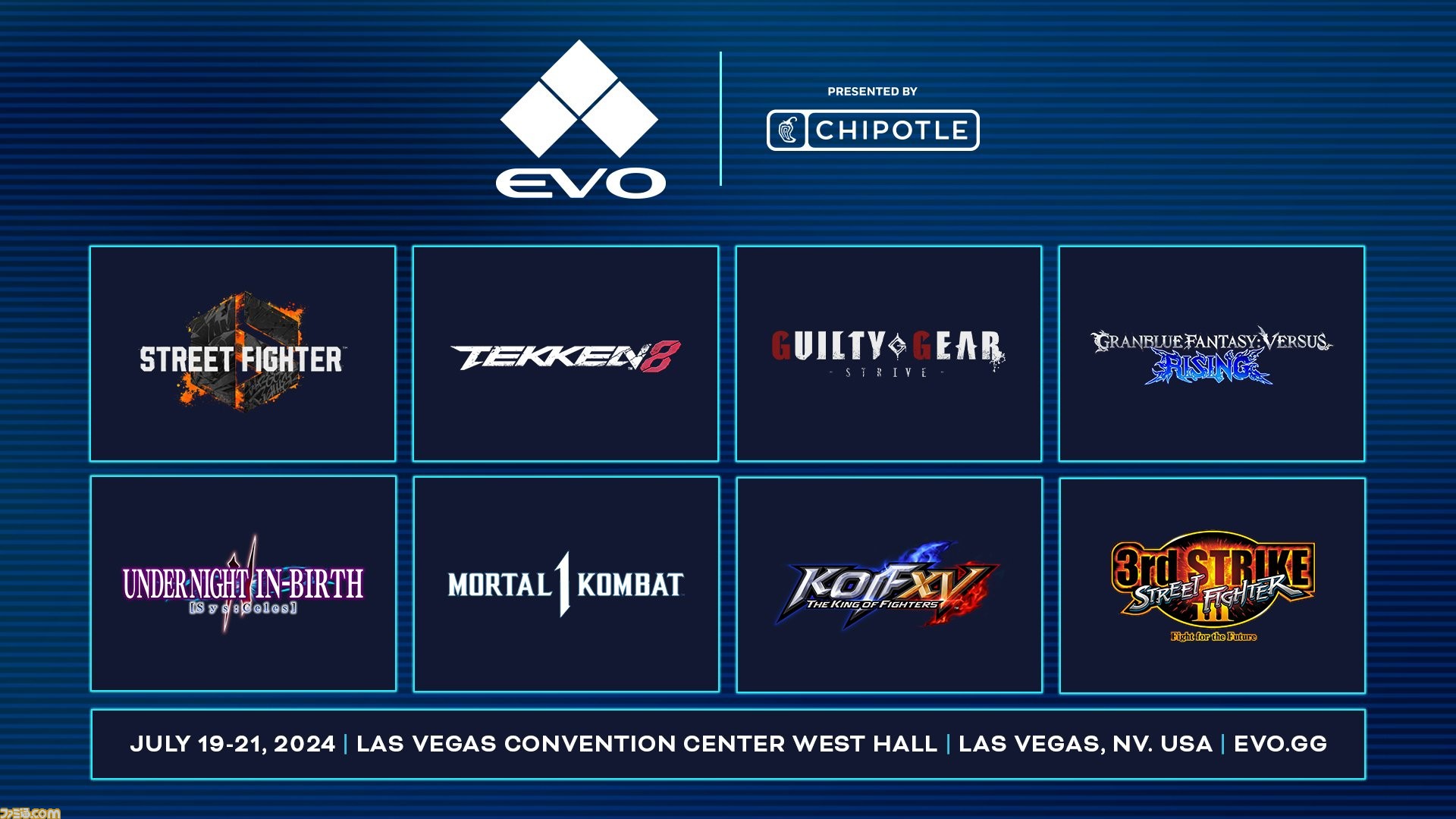 “EVO 2024”メイン種目8タイトルが発表。『スト6』『GGST』『KOF15』などが選出。『鉄拳8』『GBVSR』『スト3 3rd』もメイン種目に | ゲーム・エンタメ最新情報のファミ通.com